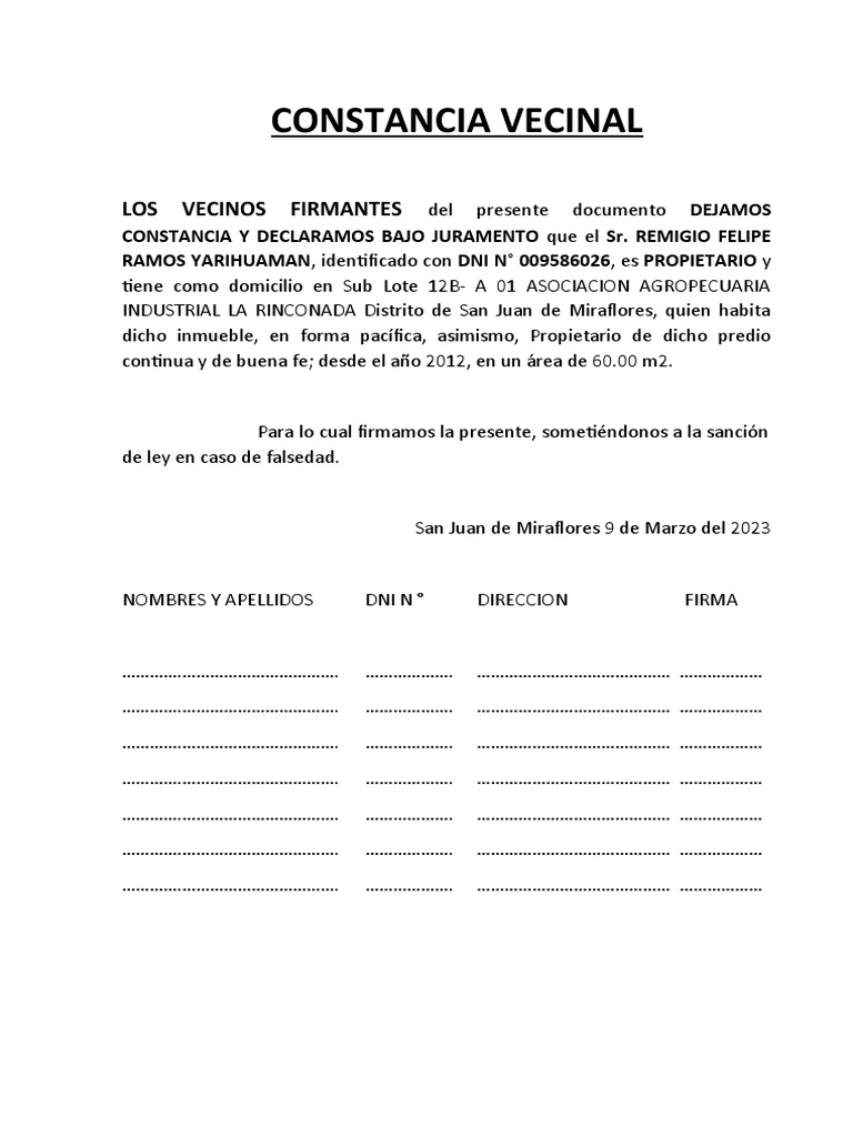 Constancia Vecinal | PDF