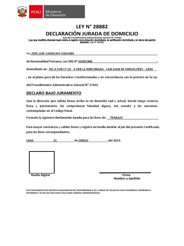 LEY #28882 Declaración Jurada de Domicilio: Declaro Bajo Juramento | PDF