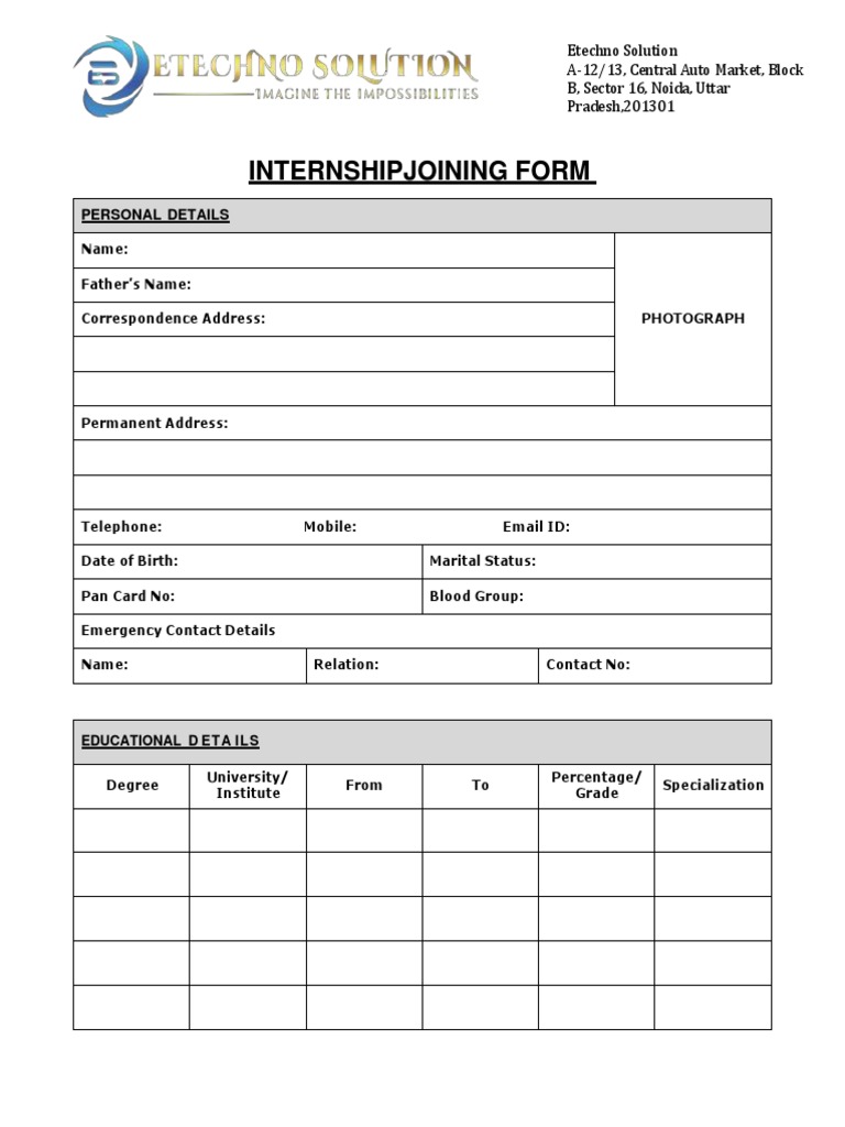 Etechno Solution Internship Joining Form | PDF