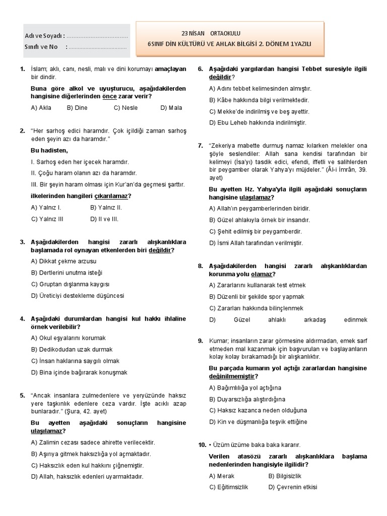 6 Dkab 2 Donem 1 Yazili 20 Coktan Secmeli Izzeteker | PDF