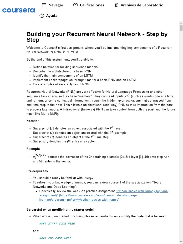 Building Your Recurrent Neural Network - Step by Step - Coursera | PDF