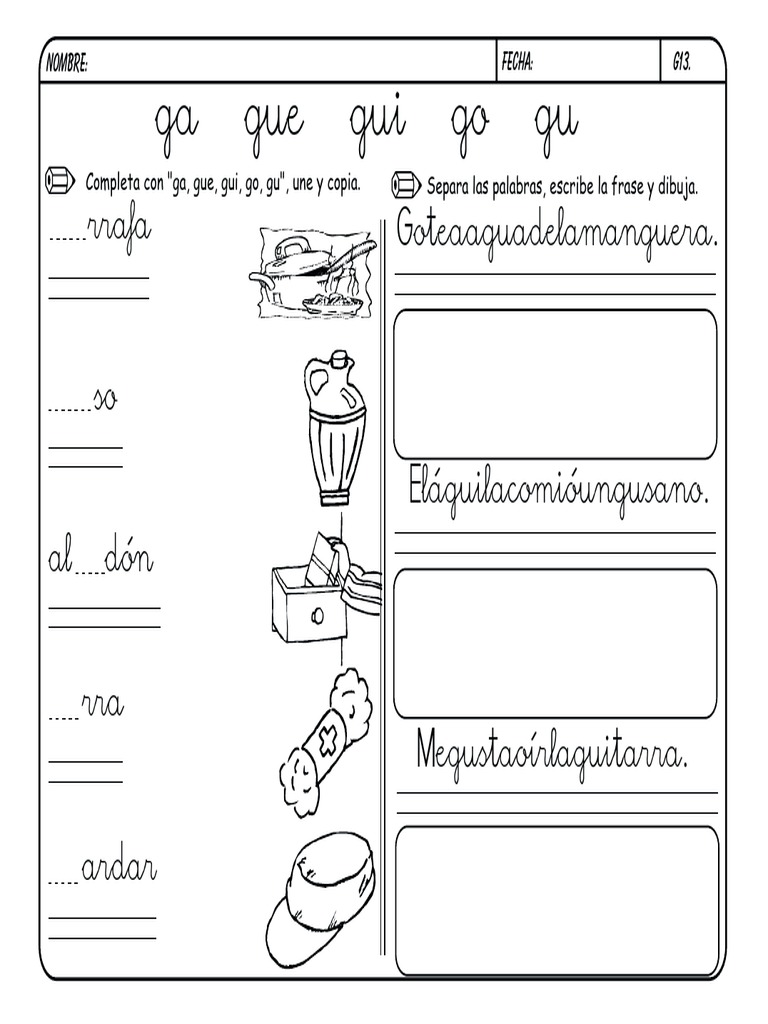Actividades de Escritura con Sílabas Ga-Gue-Gui-Go-Gu | PDF