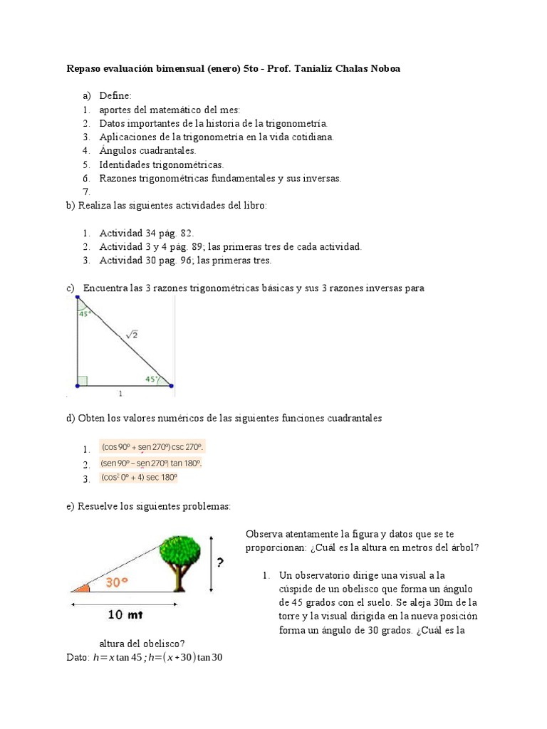 Repaso Ev. Bimensual Enero 5to - MATH | PDF