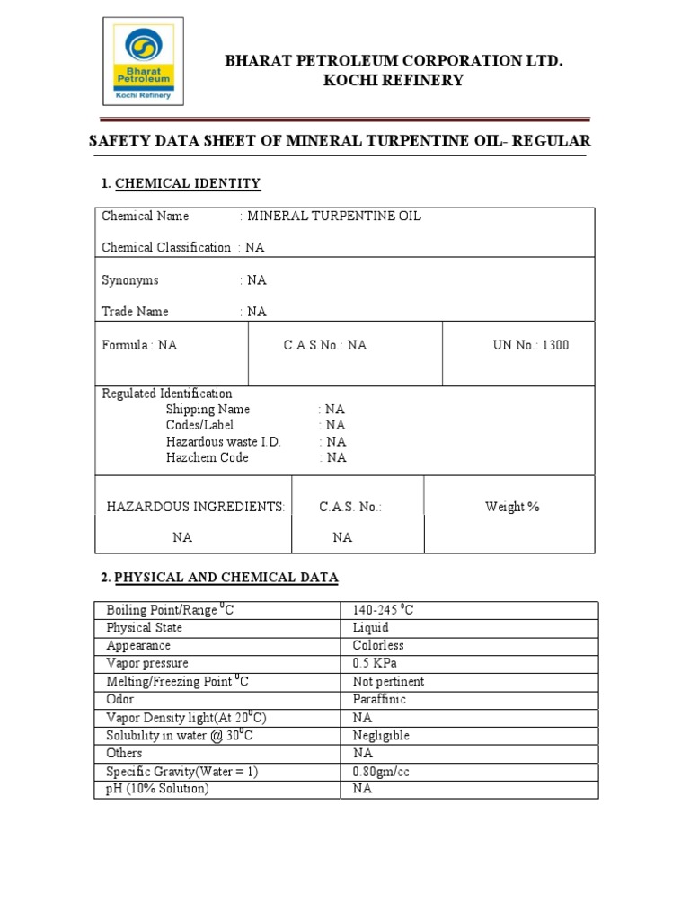 Mineral Turpentine Oil Regular - Msds | Download Free PDF | Sodium | Fires