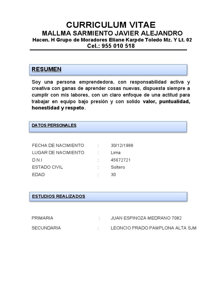 Curriculum Vitae Mallma Sarmiento Javier Alejandro | PDF | Crecimiento ...