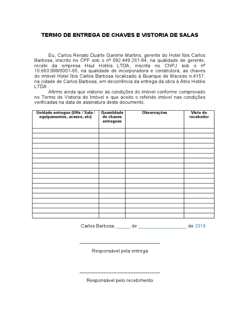 Termo de Entrega de Chaves e Vistoria de Salas | PDF
