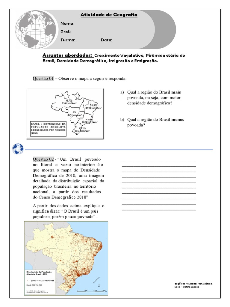 Atividade de geografia sobre crescimento populacional e pirâmides ...