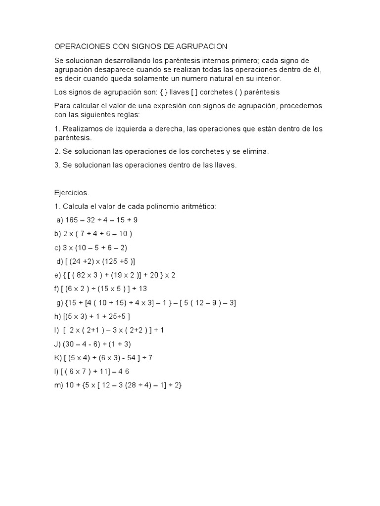 Operaciones con Signos de Agrupación | PDF | Métodos y materiales de ...