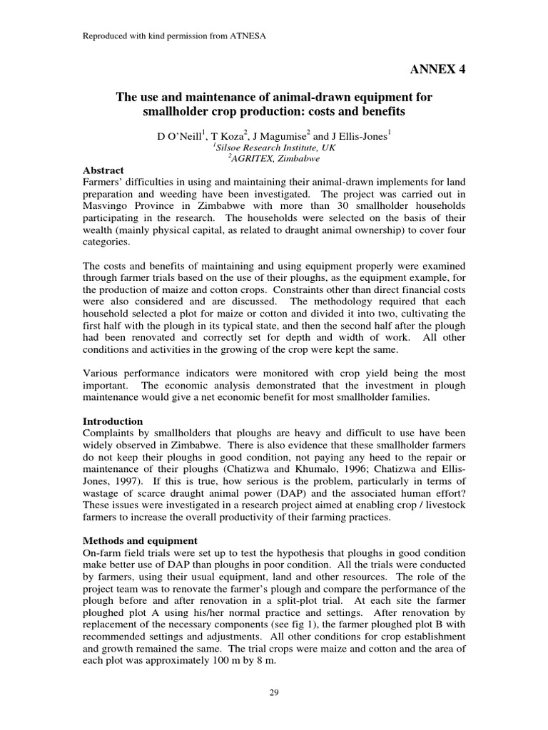 Annex 4 The Use and Maintenance of Animal-Drawn Equipment For Smallholder Crop Production: Costs ...