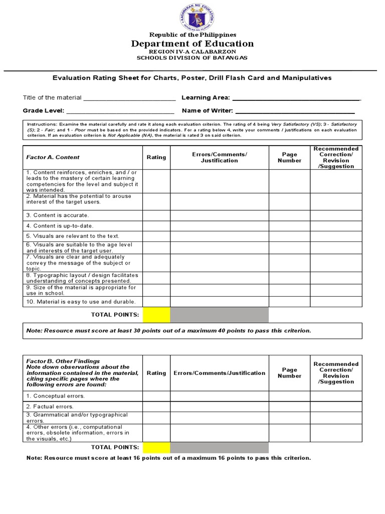 Evaluation Sheet for Educational Materials | PDF | Typography | Cognition