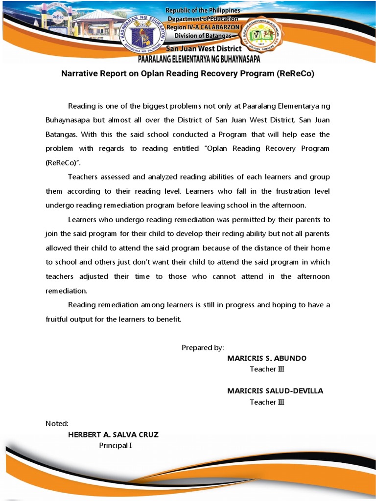 Narrative Report On Reading RERECO SPG KKK | PDF | Learning | Cognition