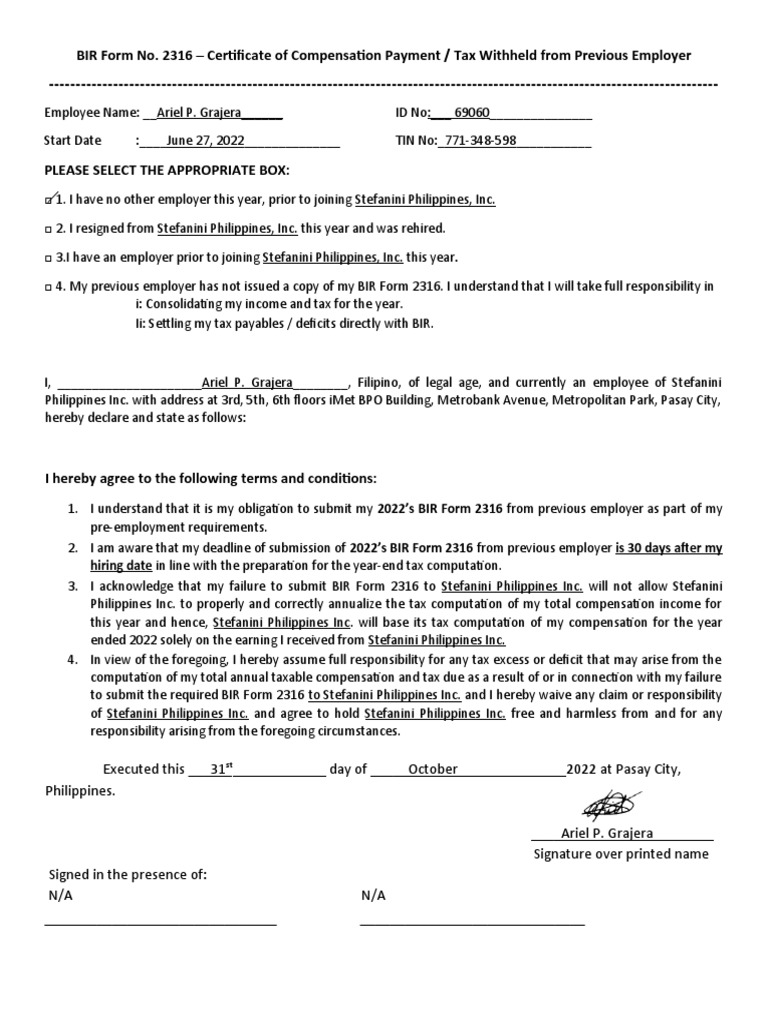 BIR Form No. 2316 - Certificate of Compensation Payment / Tax Withheld ...