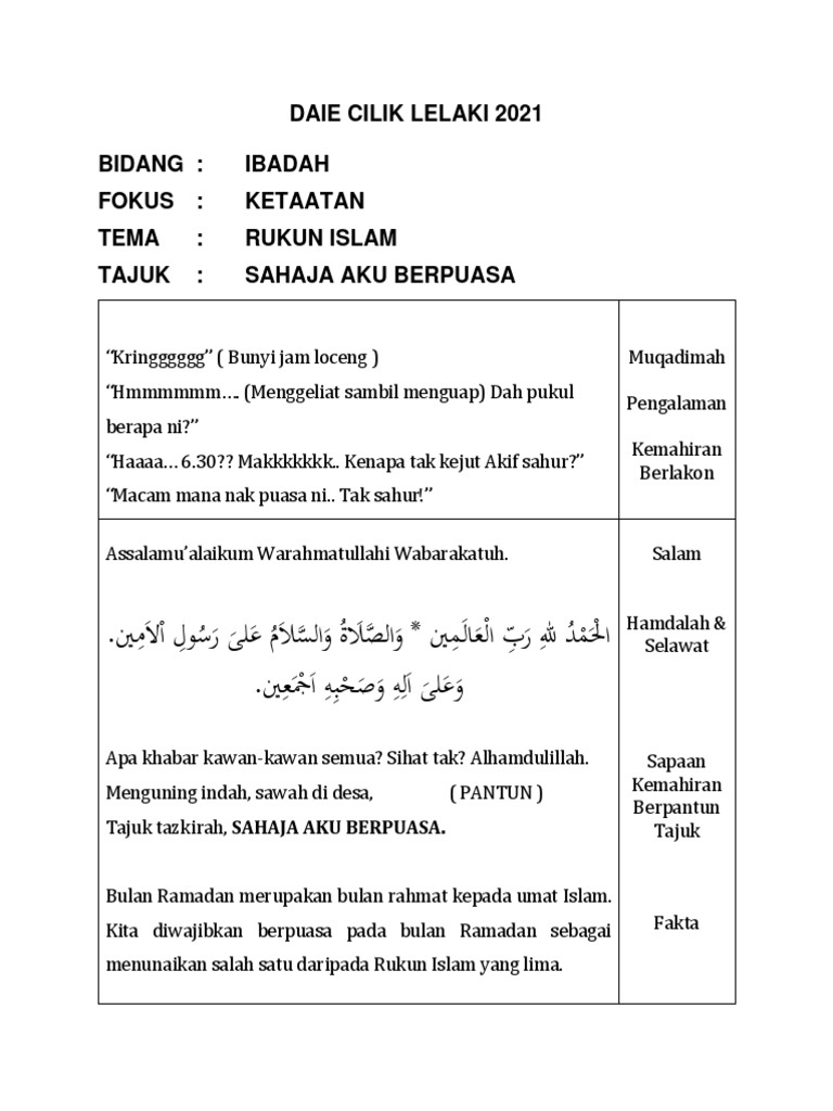 TEKS DAIE CILIK 2021 (Sahaja Akua Puasa - Edit) | PDF