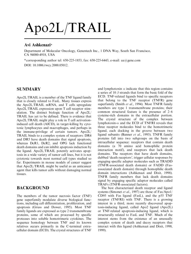 Apo2L/TRAIL: Avi Ashkenazi | PDF | Trail | Apoptosis