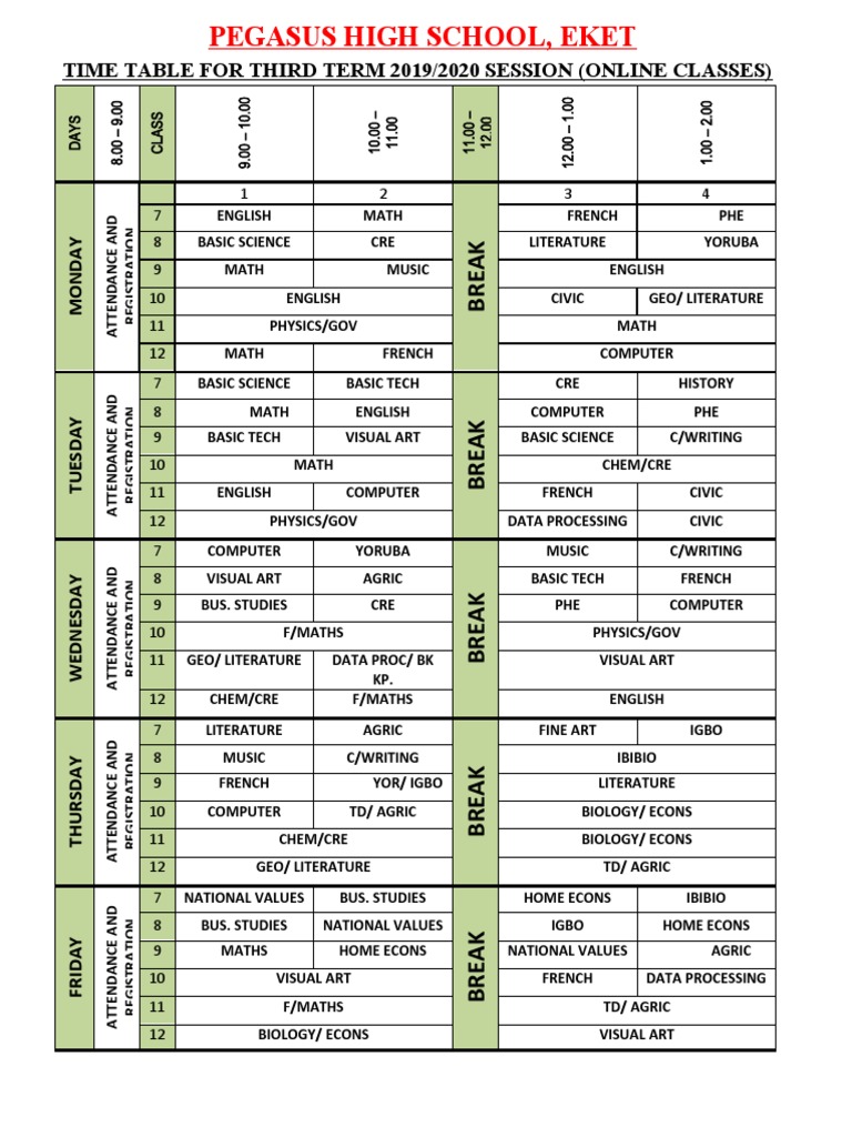 Pegasus High School Eket Third Term 2020 Time Table | PDF | Cognitive ...