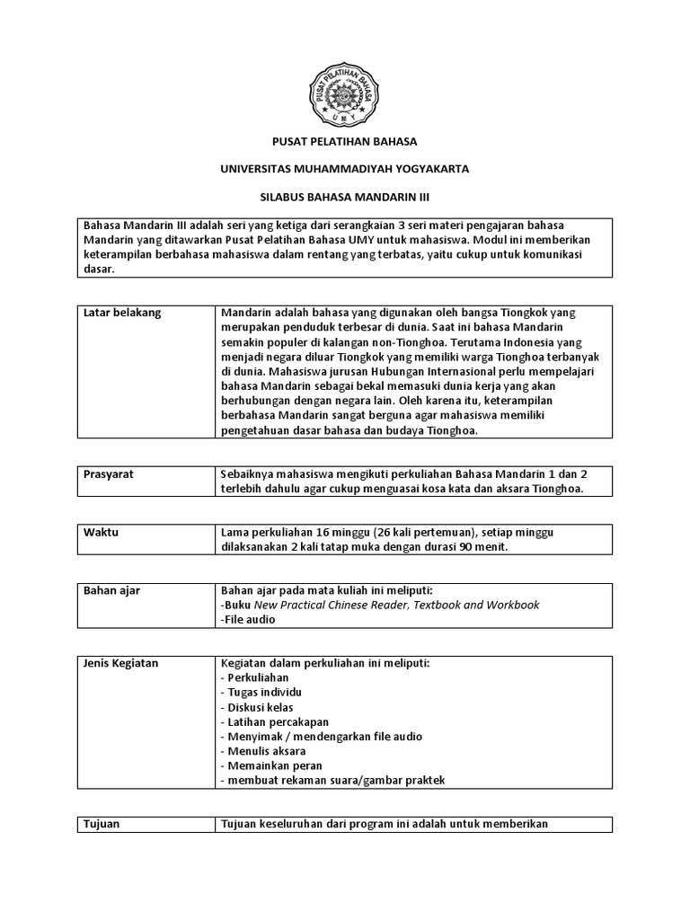 Silabus Bahasa Mandarin III UMY | PDF | Seni & Disiplin Bahasa