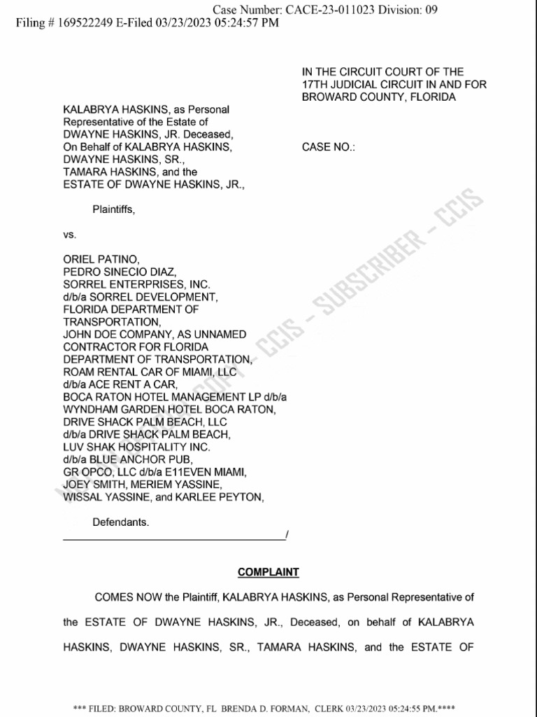 Dwayne Haskins JR Complaint Filed in Broward County Circuit Court ... Dwayne Haskins JR Complaint Filed in Broward County Circuit Court ...
