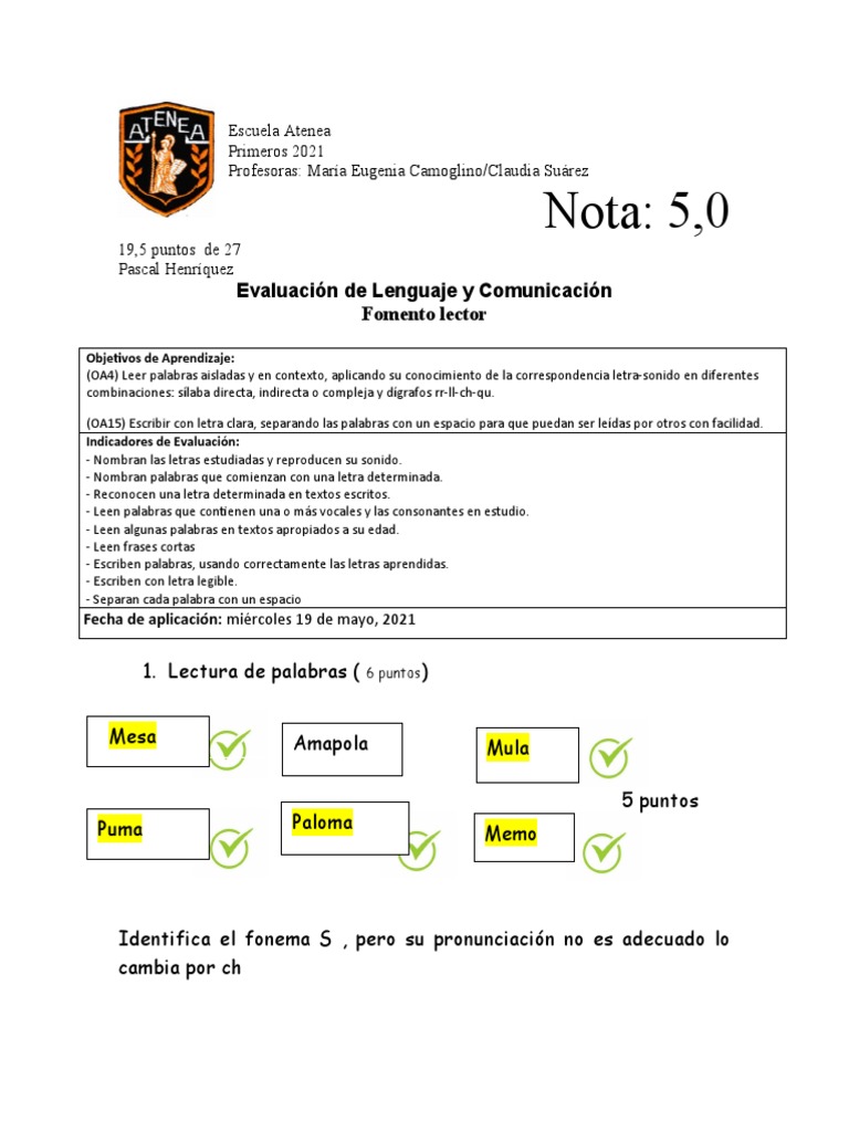 Prueba De Lenguaje M P L S Y Pascal Henriquez Pdf Comunicación