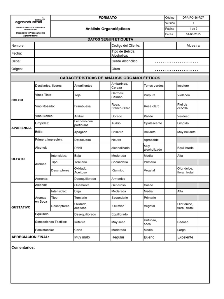 Análisis Organolépticos: Muestra | PDF | Vino | Bebidas alcohólicas