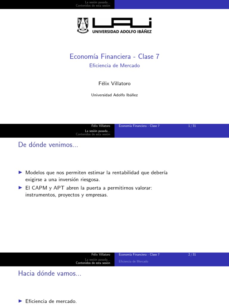 Econom Ia Financiera - Clase 7: Eficiencia de Mercado | PDF | Modelo de fijación de precios de ...