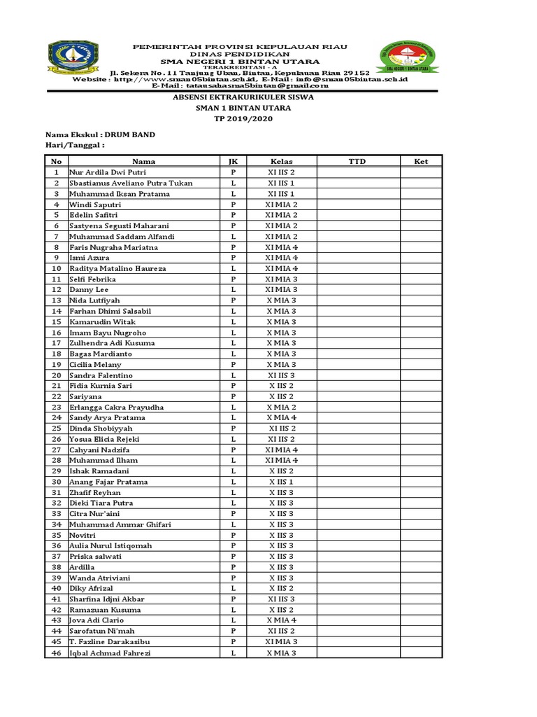 Absen Ekskul 2019-2020 | PDF