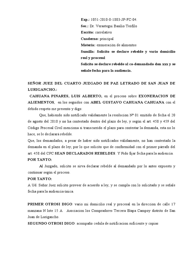 Escrito de Rebeldia. | PDF