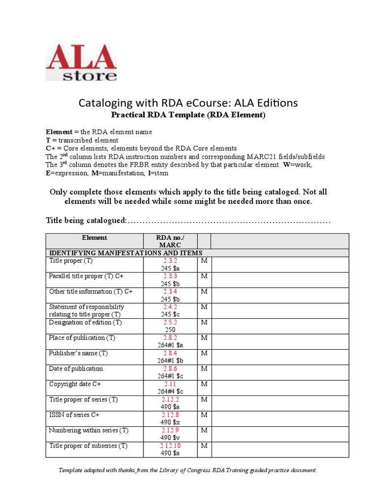 RDA Template - Cataloging With RDA Ecourse Practices RDA | PDF ...