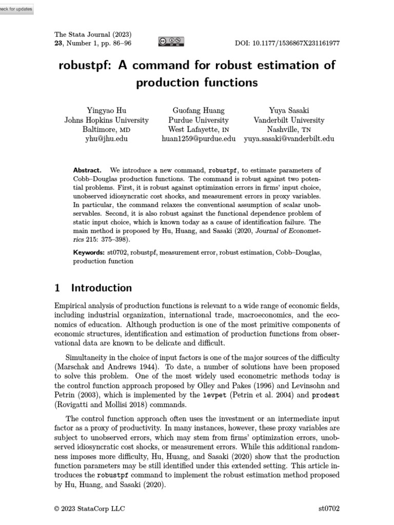 Robustpf: A Command For Robust Estimation of Production Functions | PDF | Production Function ...