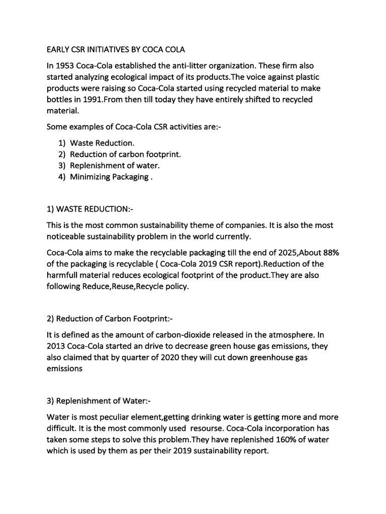 Early CSR Initiatives by Coca Cola PDF | PDF