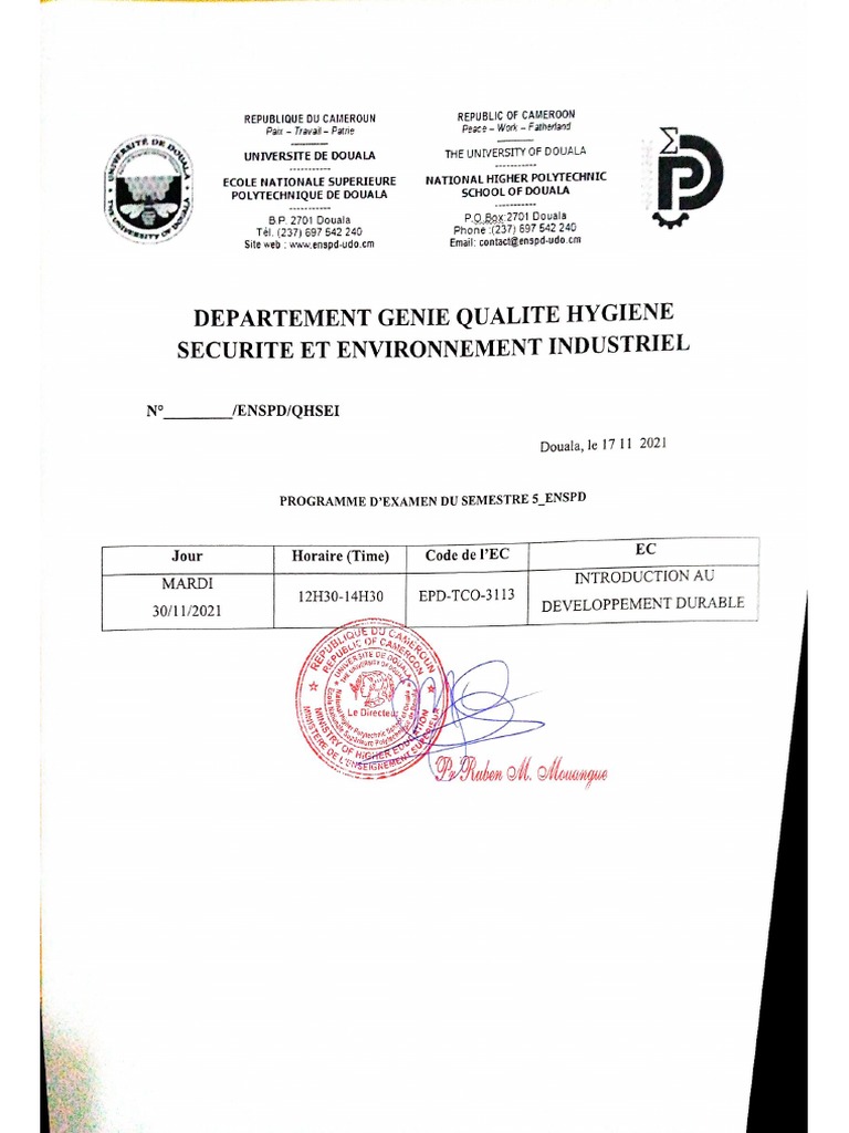 Planning D'examen Écrit - Niveau3 - ENSPD - Developpement Durable ...