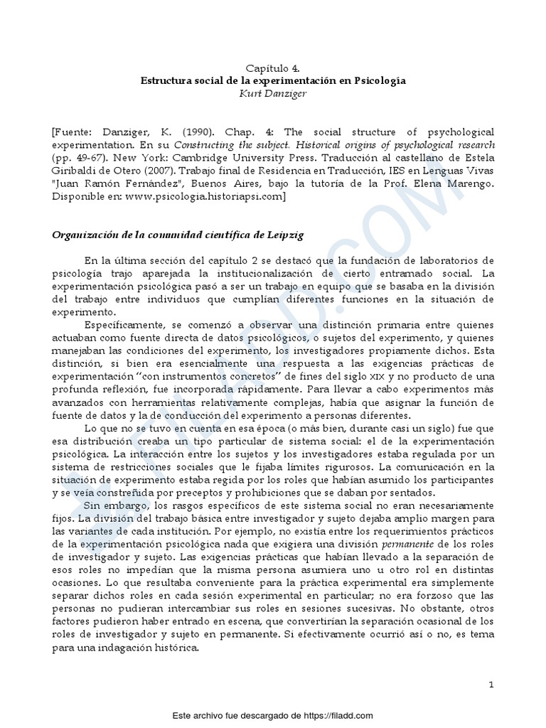 21 Danziger K - Capitulo 4 Estructural Social de La Experimentacion en Psicologia 2 | PDF ...