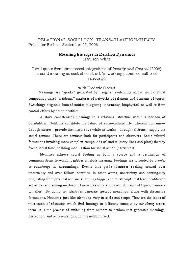 Harrison White Meaning Emerges in Relation Dynamics 08 | PDF ...