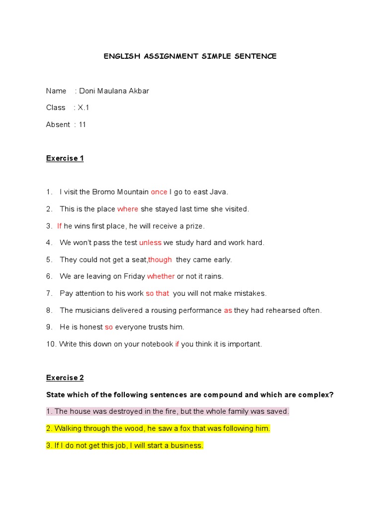 English Assignment Simple Sentence: Once Where If Unless Though Whether ...
