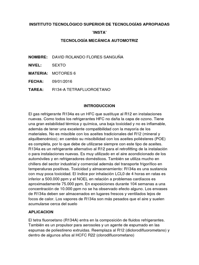 Deber R134-A Tetrafluoroetano | PDF | Agua | Oxígeno