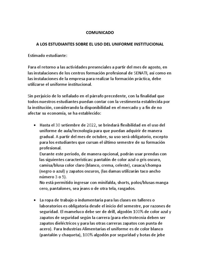 Comunicado A Los Estudiantes Sobre El Uso Del Uniforme Institucional ...