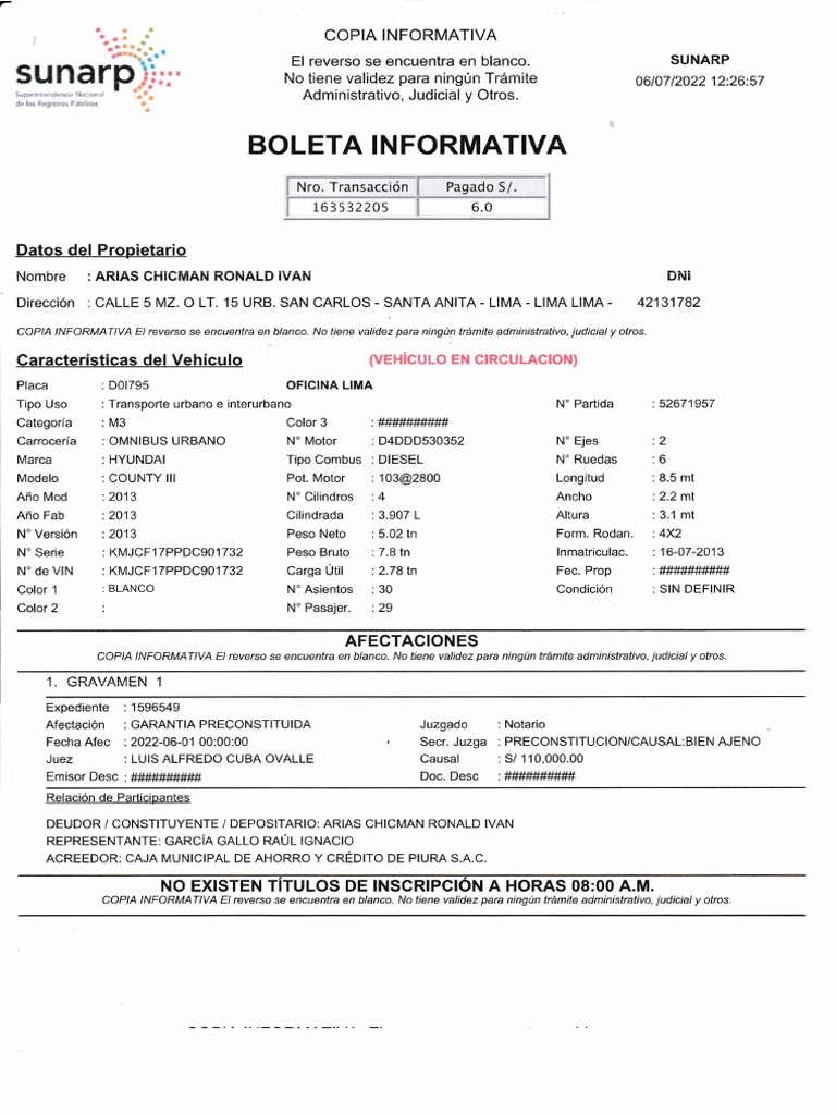 Boleta Informativa Vehicular SUNARP | PDF