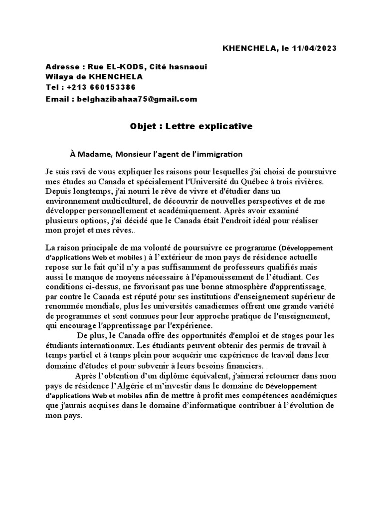 Lettre Explicative Visa Etude 1 | PDF | Canada | Enseignement
