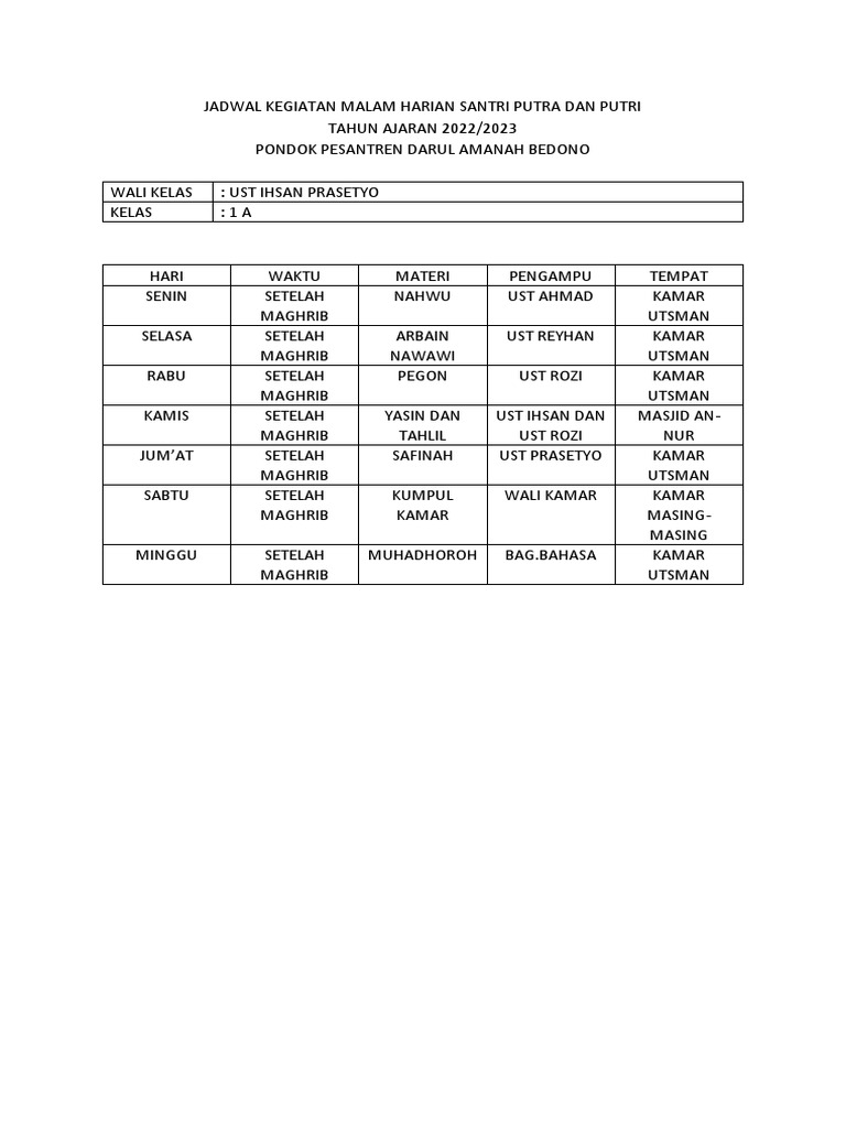 Jadwal Kegiatan Malam Harian Santri Putra Dan Putri SMT 2-1 | PDF