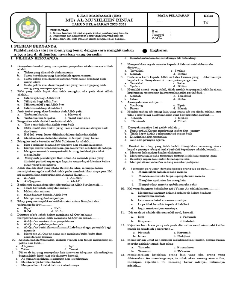 Soal Uam Akidah Akhlah Ta 2020 .2021 | PDF