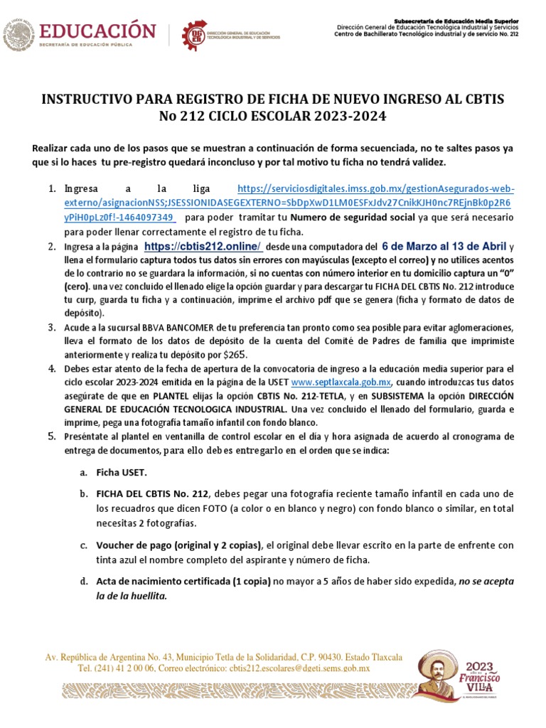 Instructivo para Registro de Ficha de Nuevo Ingreso Al Cbtis No 212 ...