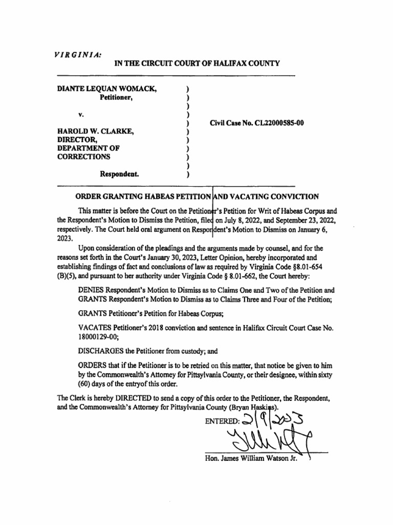 Court Order Granting Habeas Corpus Petition | PDF