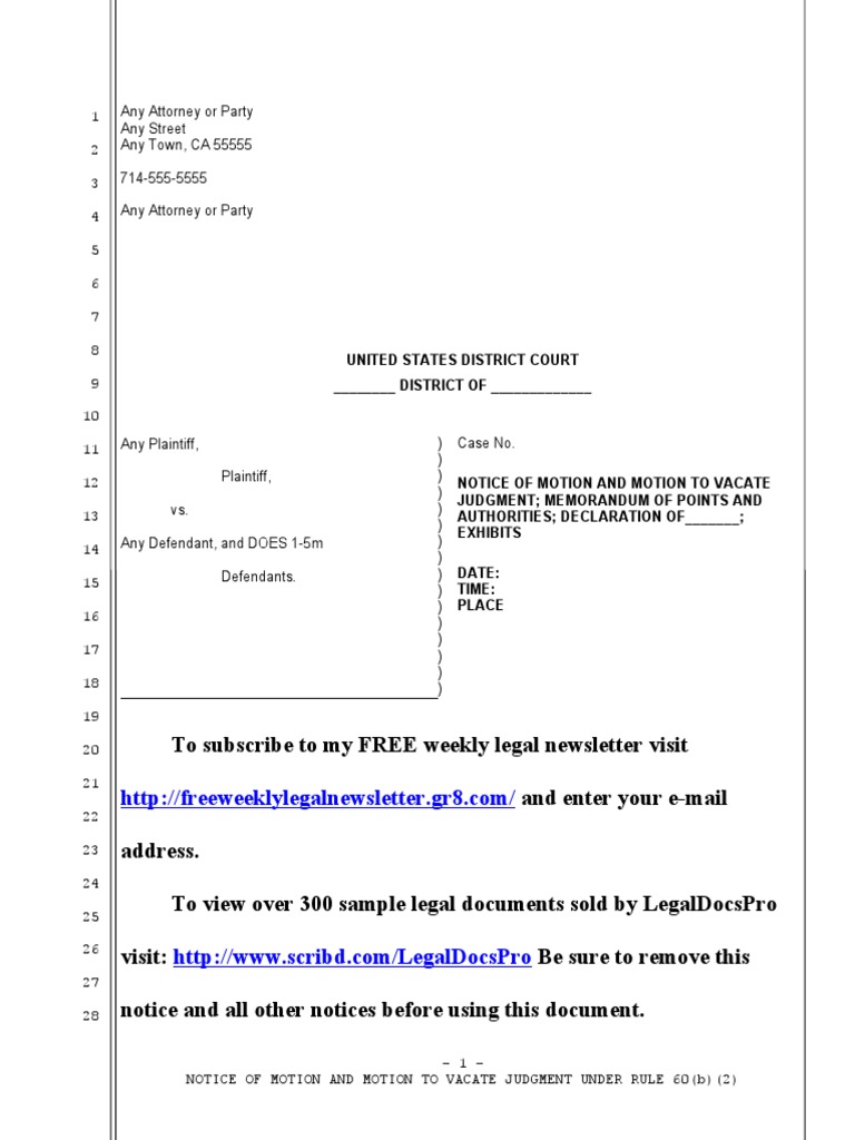 Sample Motion To Vacate Judgment Under Rule 60 B 2 in United States ...
