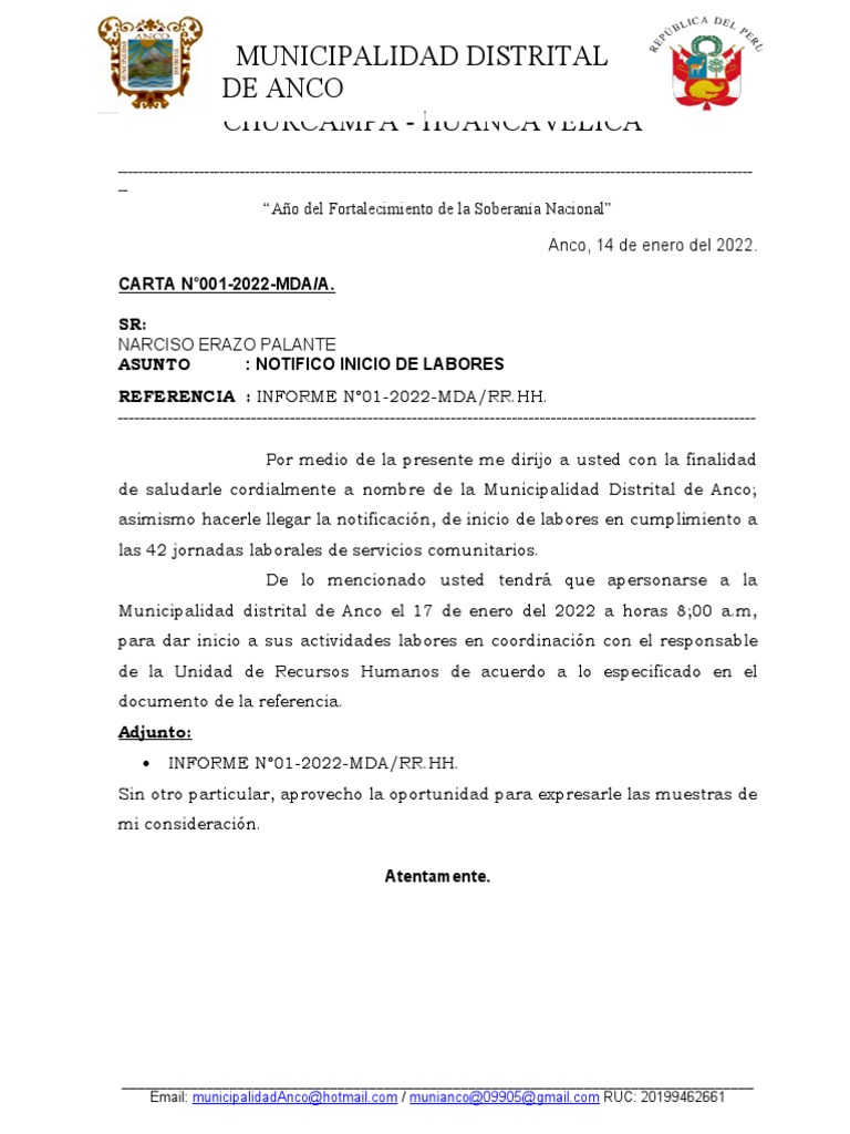 Carta N°001 Notificacion de Inicio de Labores | PDF