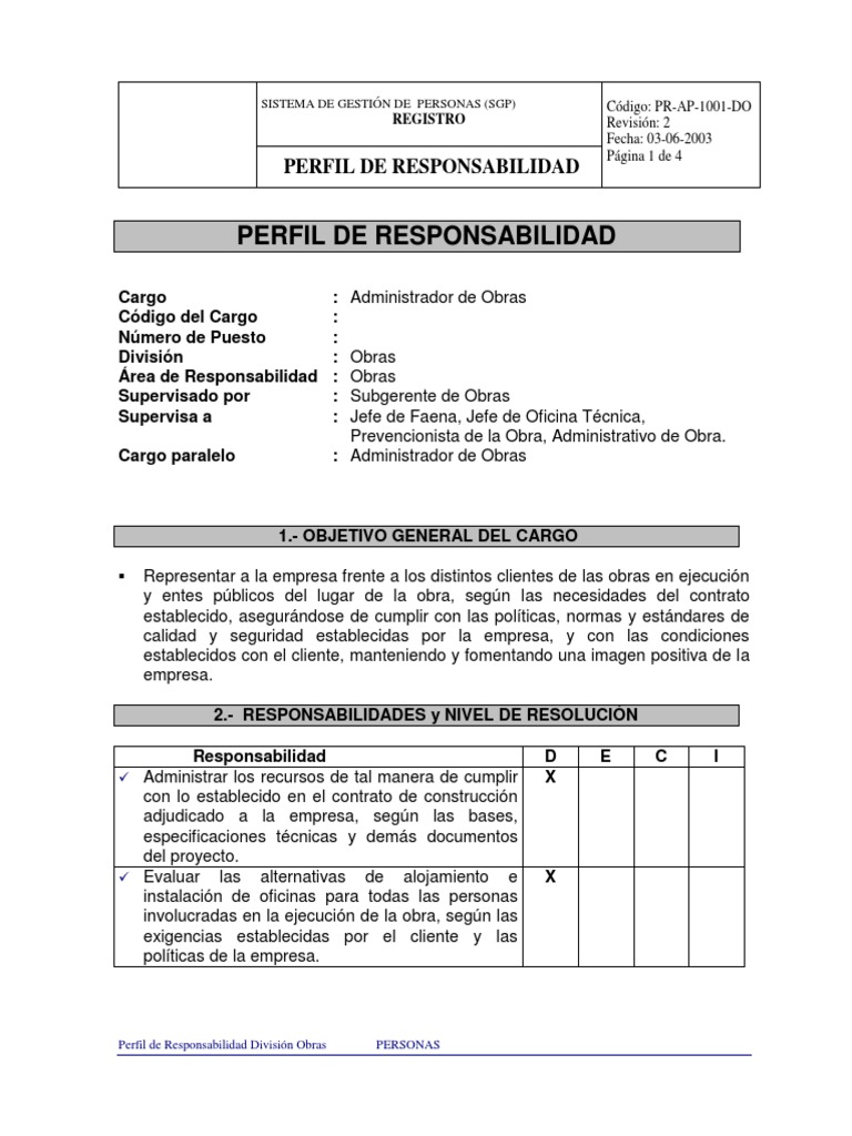 Perfil de Responsabilidad Administrador de Obras | PDF | Outsourcing | Economias
