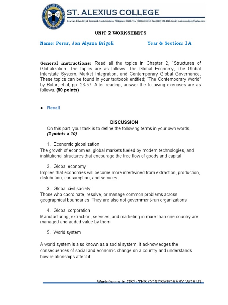 GE 7 - Activity 2 | PDF | Globalization | Multinational Corporation