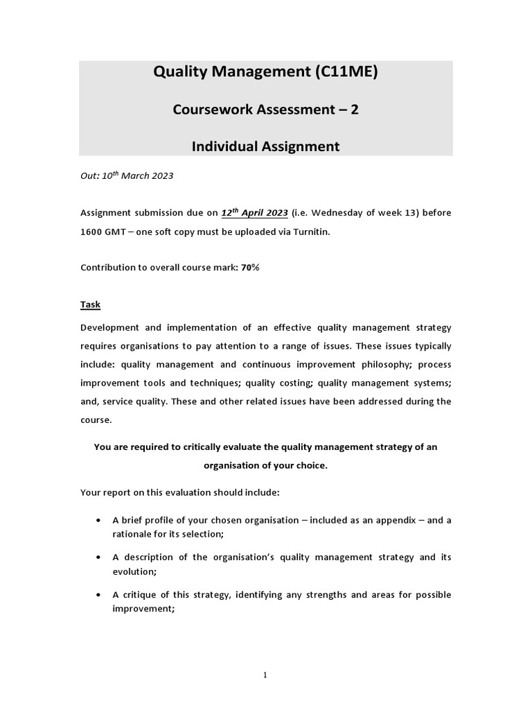 C11ME Quality Management Coursework 2 Brief | PDF | Quality Management ...