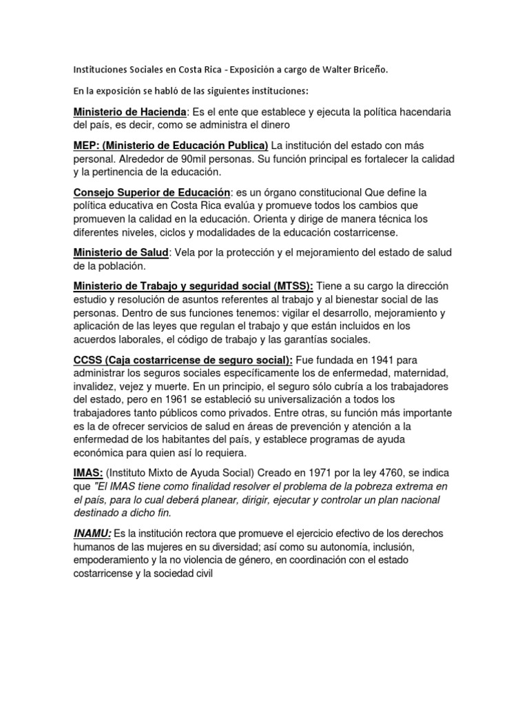 RESUMEN-Instituciones Sociales en Costa Rica | PDF | Ministerio ...