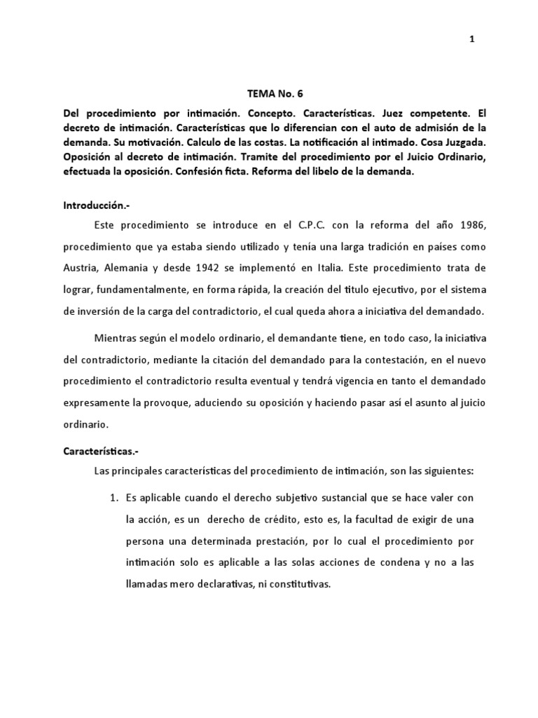 Tema N 6 Procedimiento Monitorio de Intimacion (9 Semestre) | PDF | Pagos | Demanda judicial