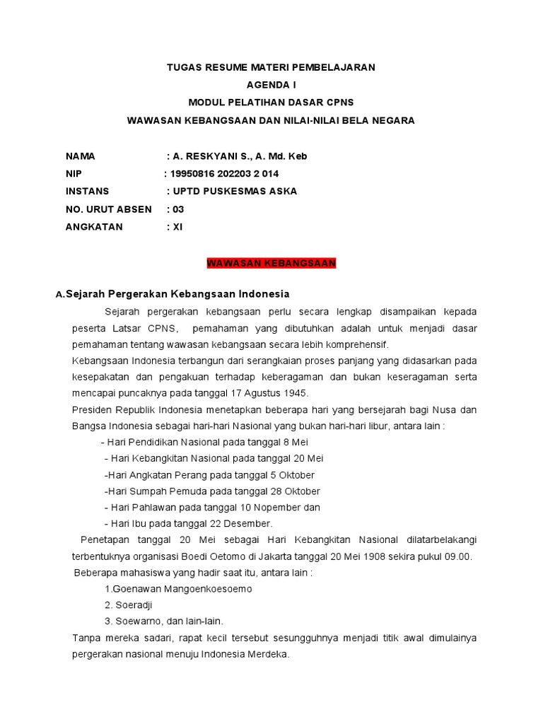 TUGAS RESUME MATERI WAWASAN KEBANGSAAN DAN NILAI BELA NEGARA - A ...