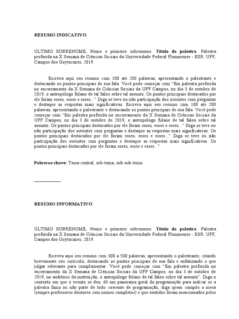 TEMPLATE DE RESUMO INDICATIVO E INFORMATIVO | PDF | Palestra | Science